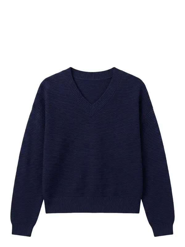 BRODIE CASHMERE Rippled Stitch V Neck Navy - Blue
