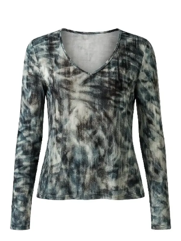 CONQUISTA Abstract Tie-dye Long-sleeve Top – Artistic, Modern, Effortlessly Versatile - Black/blue/white