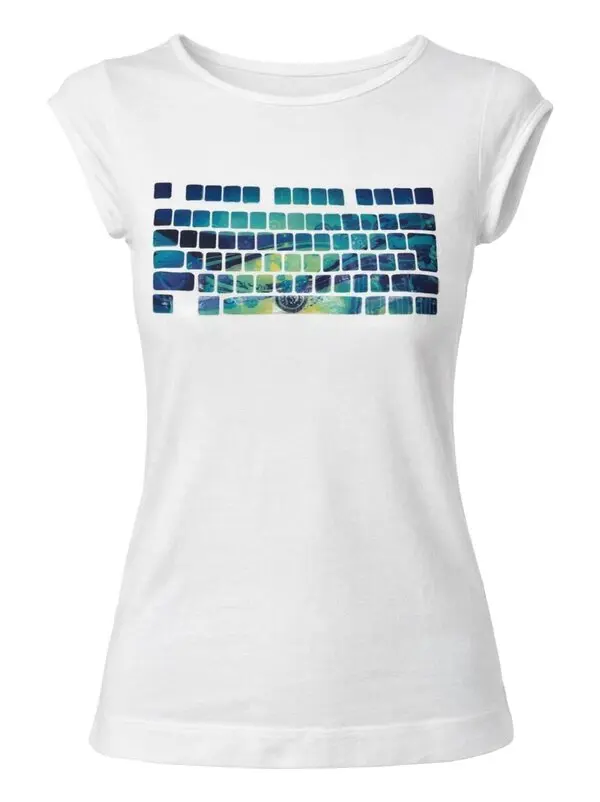 CONQUISTA Abstract Mosaic Print Cap-sleeve Top - White