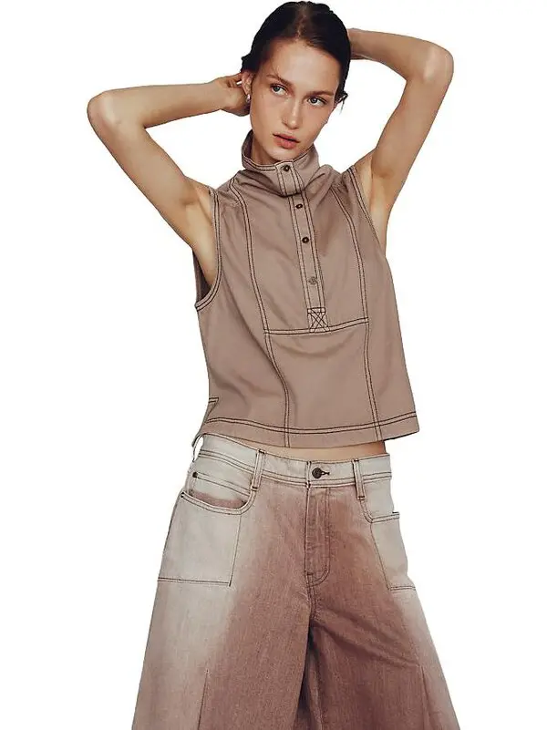 PILCRO 100% Cotton Funnel-neck Sleeveless Pullover - Sand
