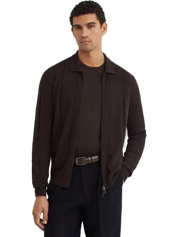 REISS Martindale Wool Check-textured Zip-through Cardigan - Dark Brown