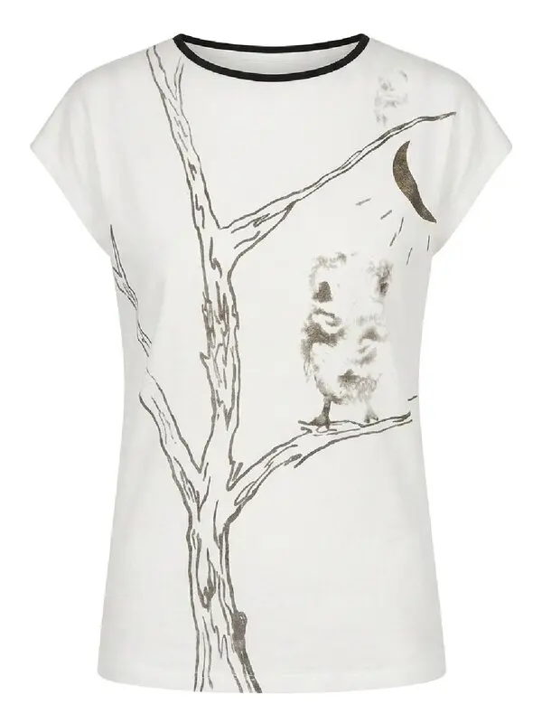 CONQUISTA Artistic Print Cap-sleeve Top With Contrast Trim - White