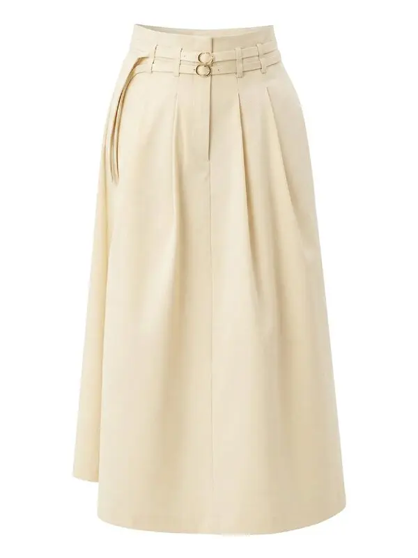 EXQUISE High Waisted Pleated Midi Skirt With Belt - White