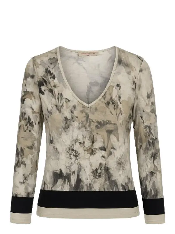 CONQUISTA Abstract Print Long-sleeve V-neck Top - Black