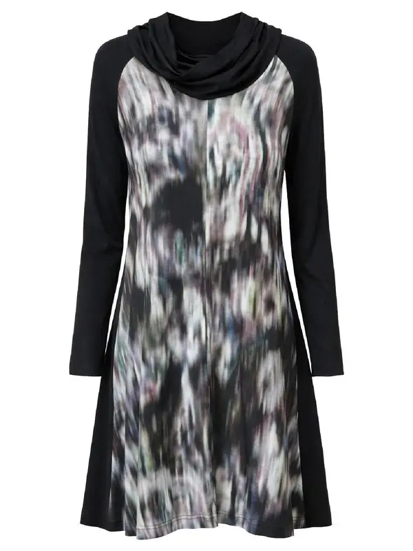 CONQUISTA Abstract Print Hooded Long Sleeve Dress - Black