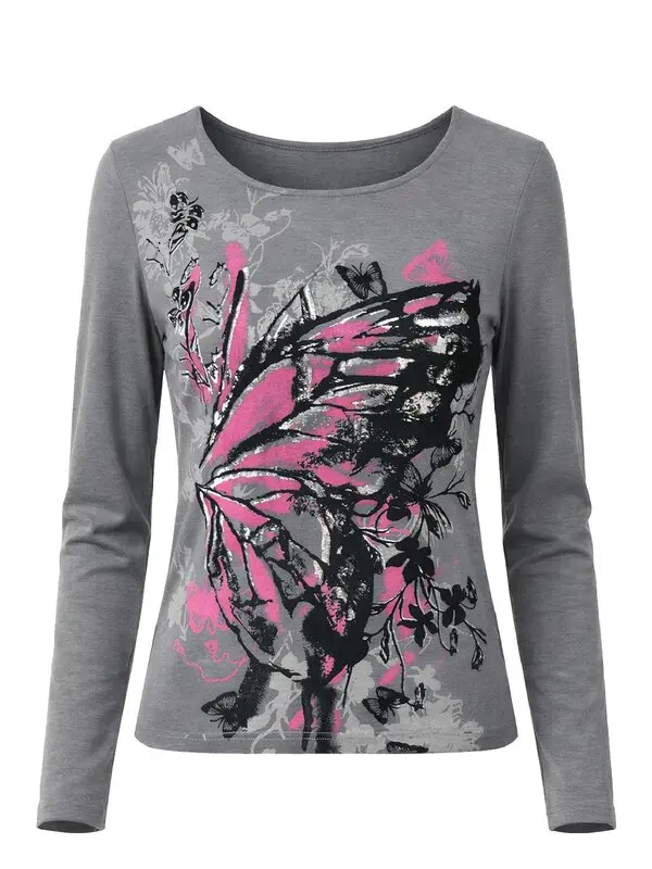 CONQUISTA Artistic Butterfly Print Long-sleeve Top - Grey