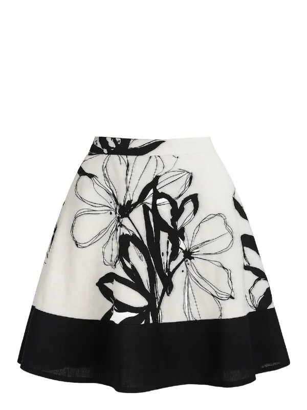 CONQUISTA A-line Floral Sketch Skirt With Contrast Hem - Black