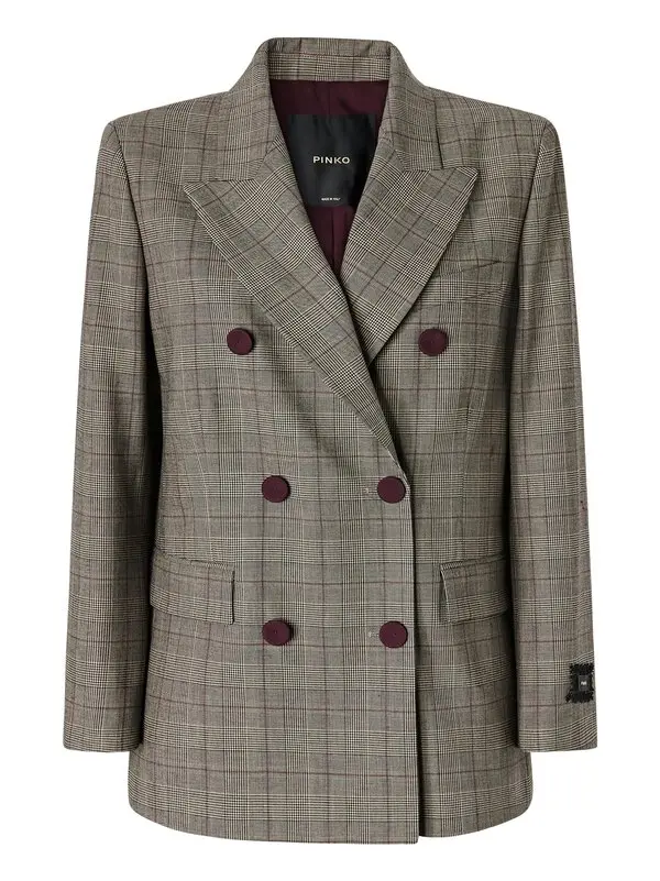 Pinko Double-breasted Plaid Peak Lapel Blazer - Beige/bordeaux/nero