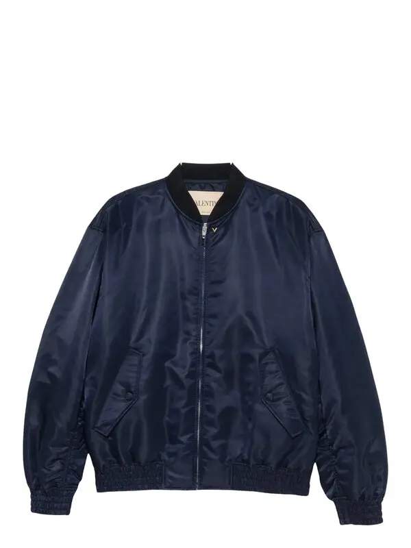 Valentino Garavani Zip-up Bomber Jacket With Ribbed Collar And Elasticized Cuffs - Navy