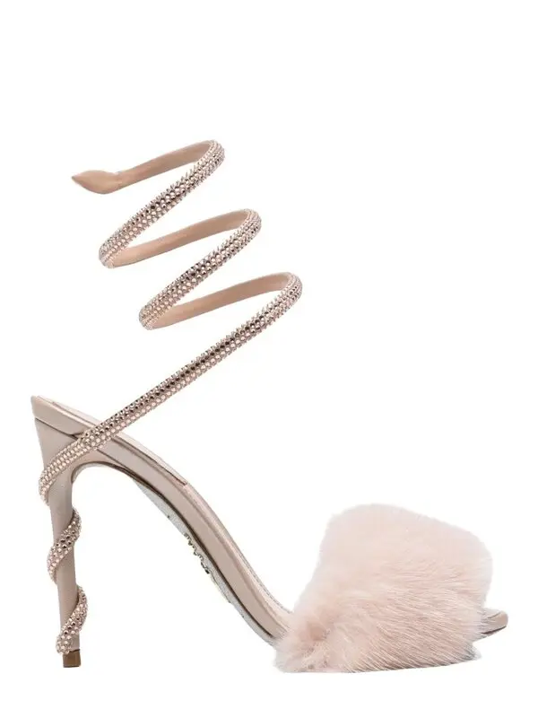 Rene Caovilla Embellished Furry Stiletto Sandals - Pink