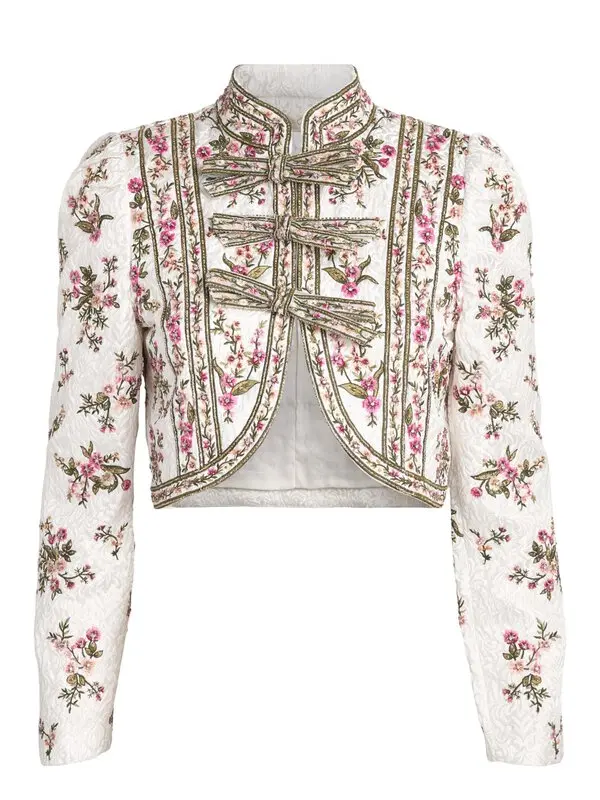 Alice + Olivia Embellished Floral Brocade Cropped Jacket - Ivory