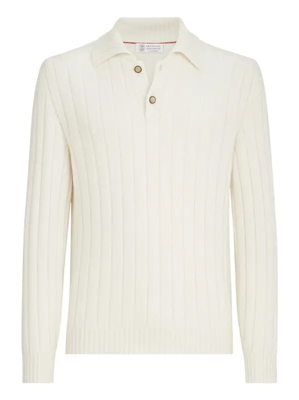 Brunello Cucinelli Cashmere Ribbed Polo Sweater - White