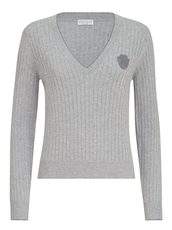 Brunello Cucinelli Ribbed Cotton V-neck Sweater - Grey