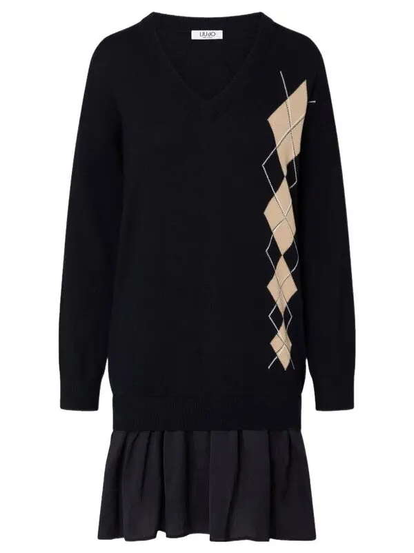 Liu Jo Argyle Knit Dress With Ruffled Hem - Black