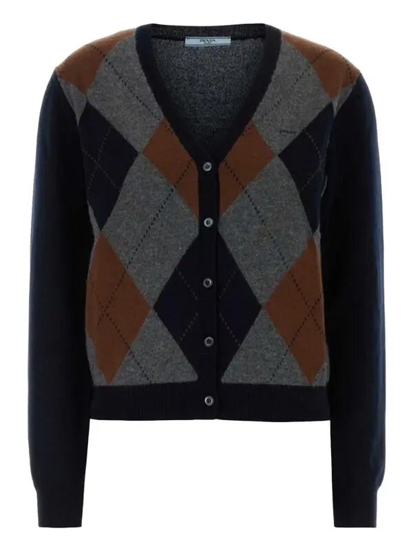 Prada Argyle Embroidered V-neck Cardigan - Black