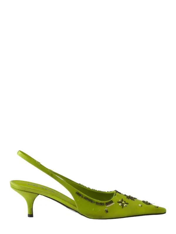 Prada Embroidered Satin Slingback Pumps - Fern Green