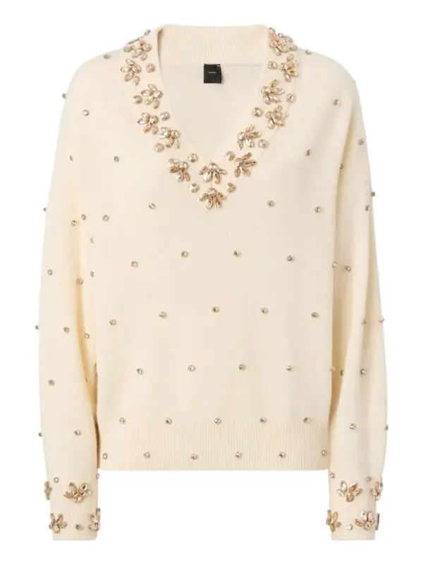 Pinko Crystal Embellished V-neck Sweater - White