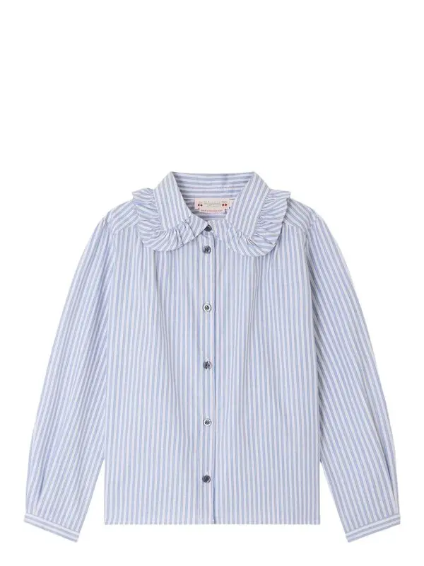Bonpoint Mayles Blouse With Stripes And Ruffled Collar - Blue-gray Stripe