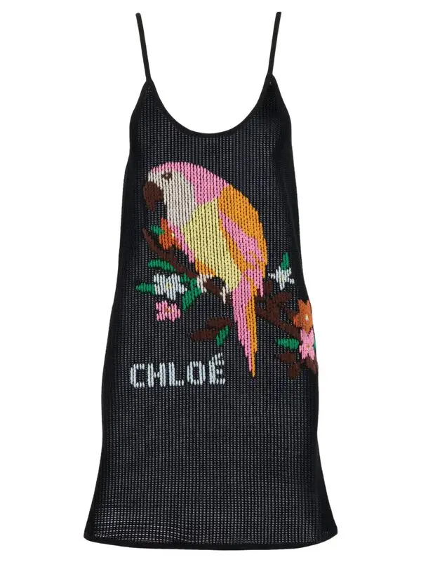 Chloé Embroidered Parrot Mesh Knit Mini Dress - Black