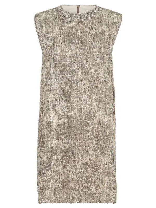 Brunello Cucinelli Dazzling Craquelé Embroidery Dress In Mohair And Wool - Silver