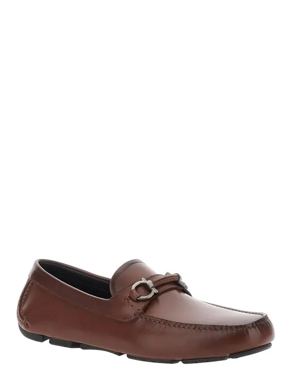 FERRAGAMO Calfskin Driver Loafers With Metal Gancini Horsebit - Brown
