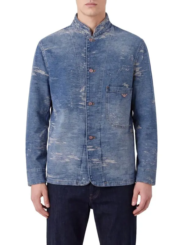 Emporio Armani Short Distressed Denim Jacket With A Mandarin Collar - Blue