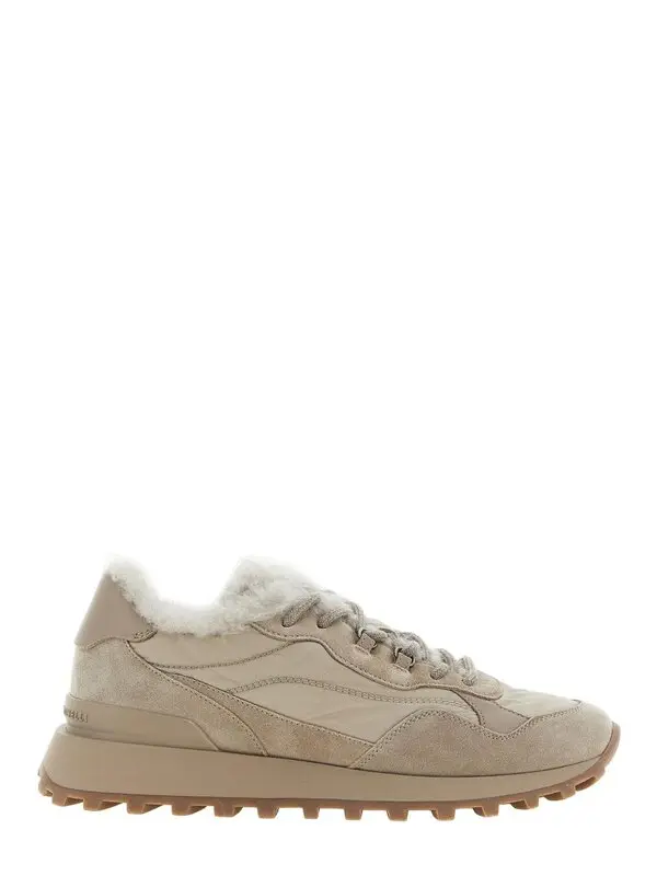 Brunello Cucinelli Suede And Nylon Shearling Lined Low-top Sneakers - Grey