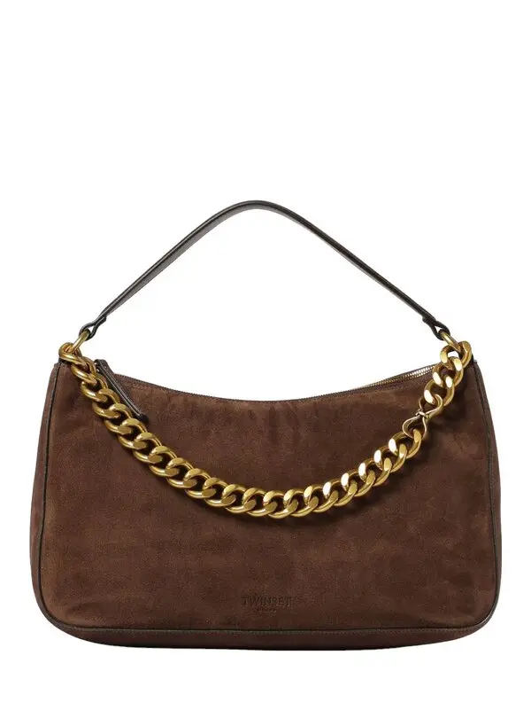 TWINSET Liliane Suede Shoulder Bag With Metal Mesh Details - Coffee
