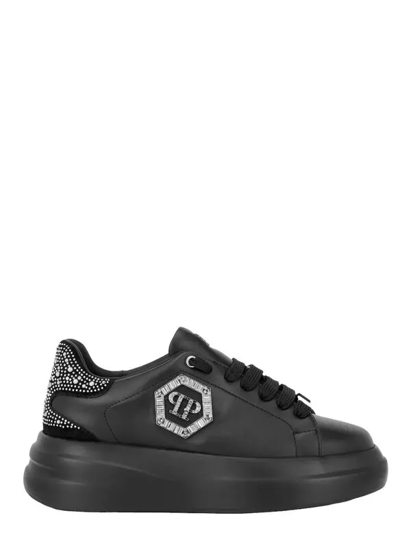 Philipp Plein Leather Chunky Sneakers With Hexagon Logo And Rhinestones - Black