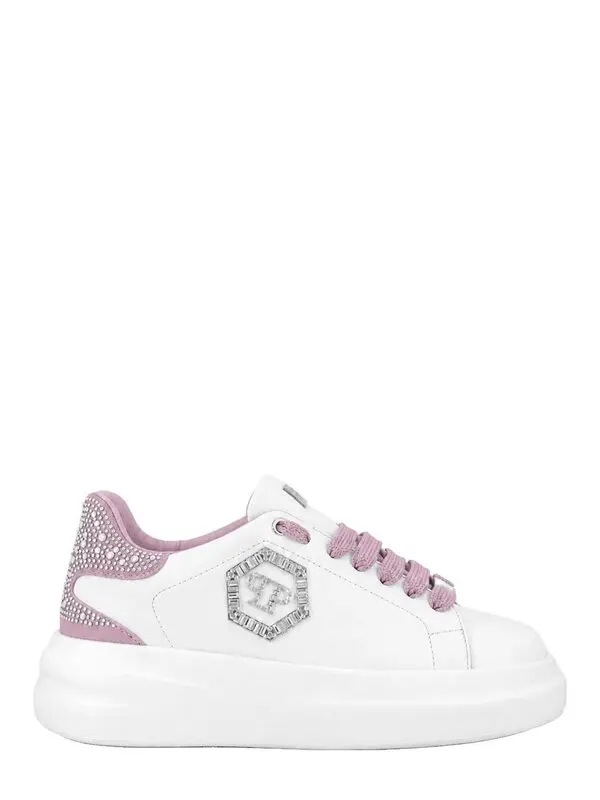 Philipp Plein Leather Chunky Sneakers With Hexagon Logo And Rhinestones - White 1