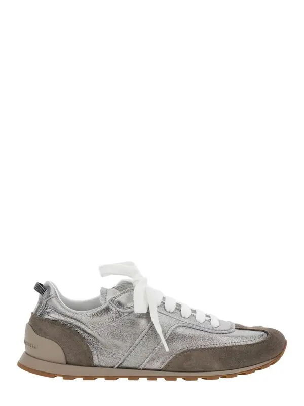 Brunello Cucinelli Bicolour Laminated And Suede Leather Trainers With Monili - Grey