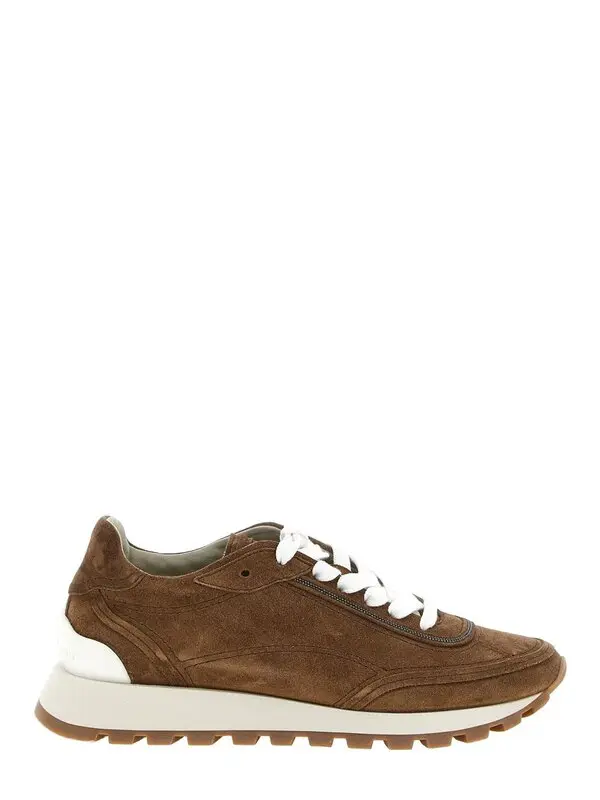 Brunello Cucinelli Suede Calfskin Low-top Trainers With Monili Embellishment - Brown