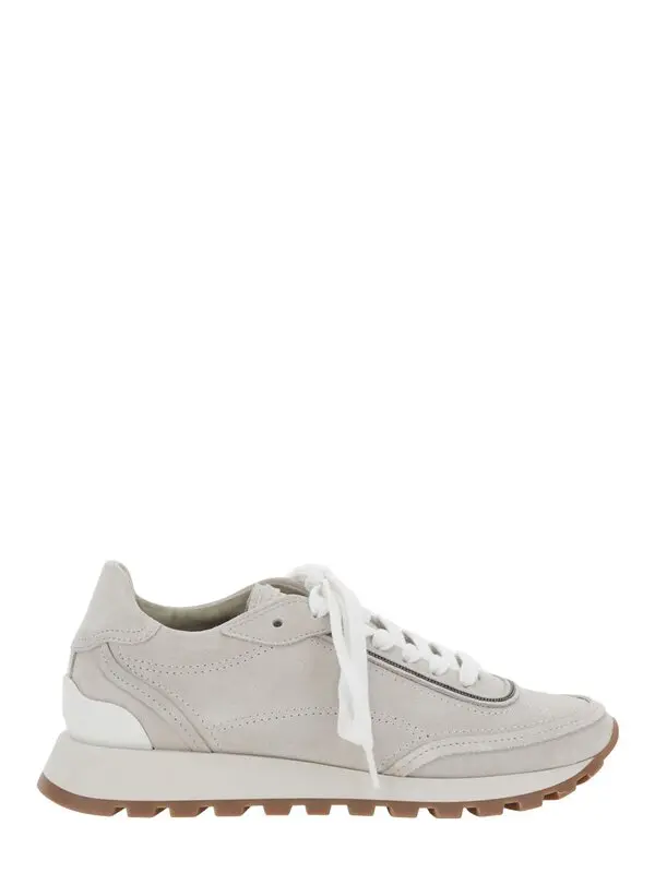 Brunello Cucinelli Suede Calfskin Low-top Trainers With Monili Embellishment - Grey