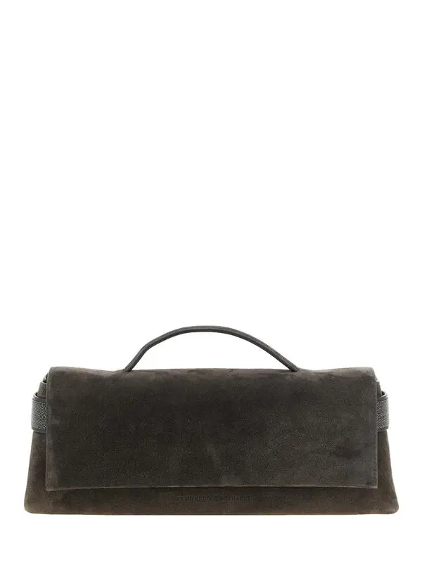Brunello Cucinelli Suede Calfskin Clutch With Monili Embellishment - Black