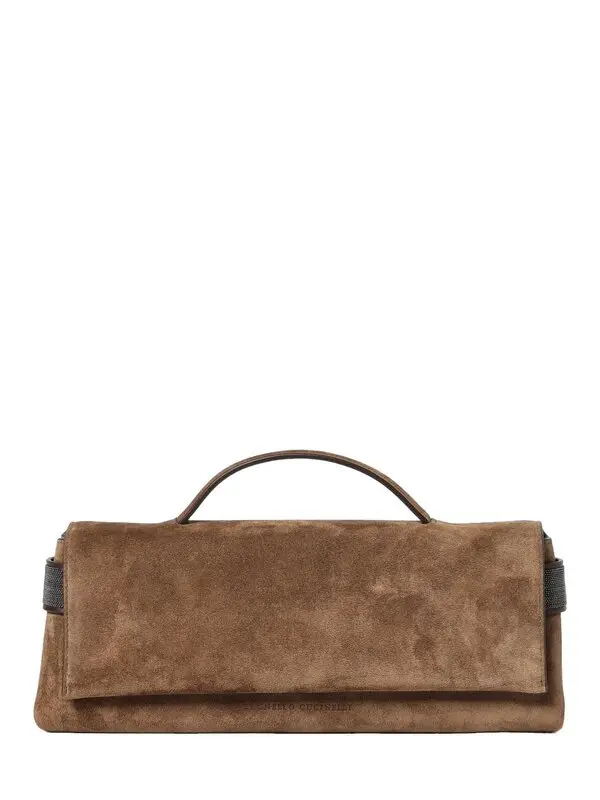Brunello Cucinelli Suede Calfskin Clutch With Monili Embellishment - Brown