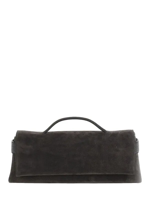 Brunello Cucinelli Suede Calfskin Clutch With Monili Embellishment - Dark