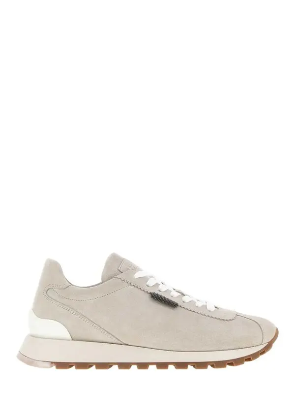 Brunello Cucinelli Suede Calfskin Low-top Trainers With Monili Detail - Grey 1