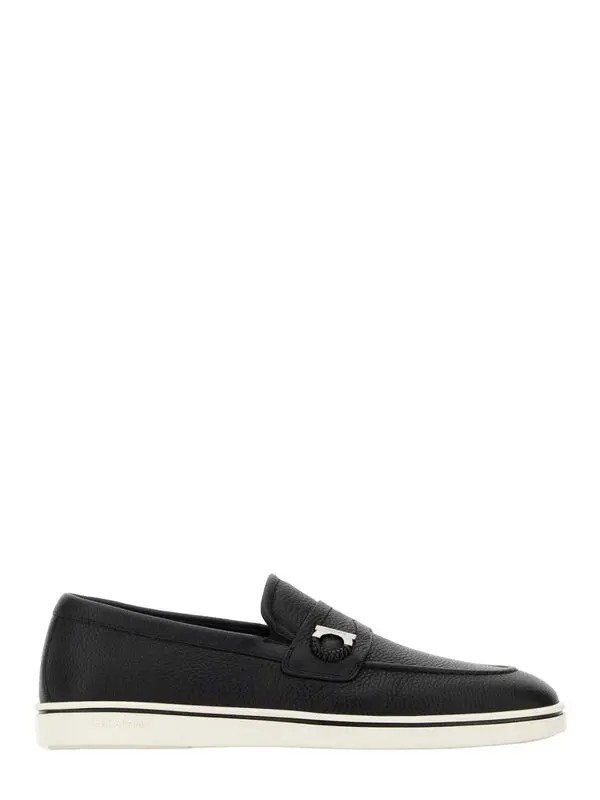 FERRAGAMO Grained Calf Leather Loafers With Metal Gancini Detail - Black