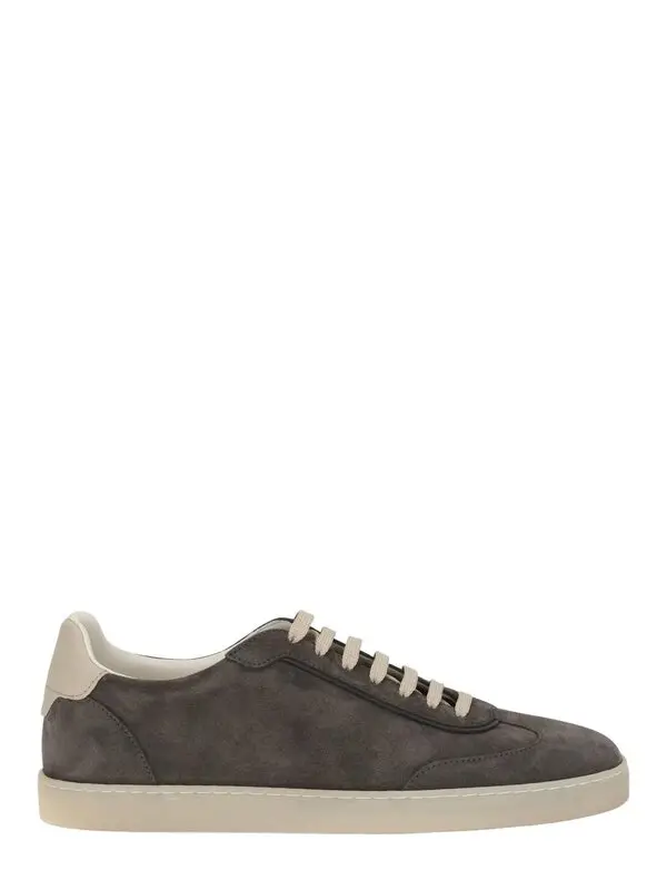 Brunello Cucinelli Suede Calfskin Low-top Trainers With Laminated Logo - Charcoal