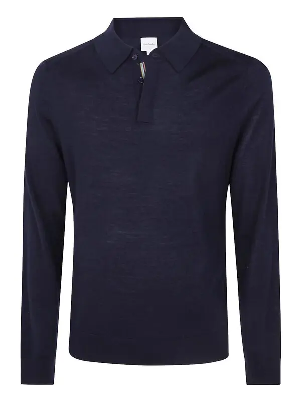 Paul Smith Long-sleeved Slim Fit Merino Wool Knit Polo Shirt - Blue
