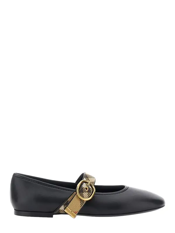 Burberry Robin Leather Mary Jane Flats With Vintage Check Strap - Black