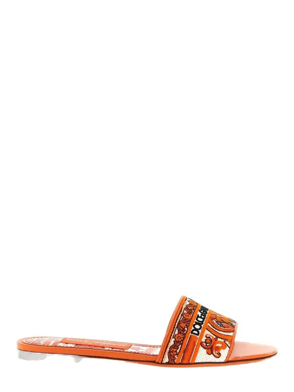 Dolce & Gabbana Majolica-print Cotton Flat Sandals With Embroidered Logo - Orange