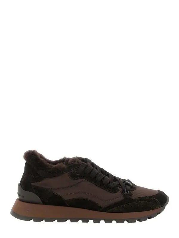 Brunello Cucinelli Nylon And Suede Lace-up Sneakers With Shearling Lining And Monili Embellishments - Black