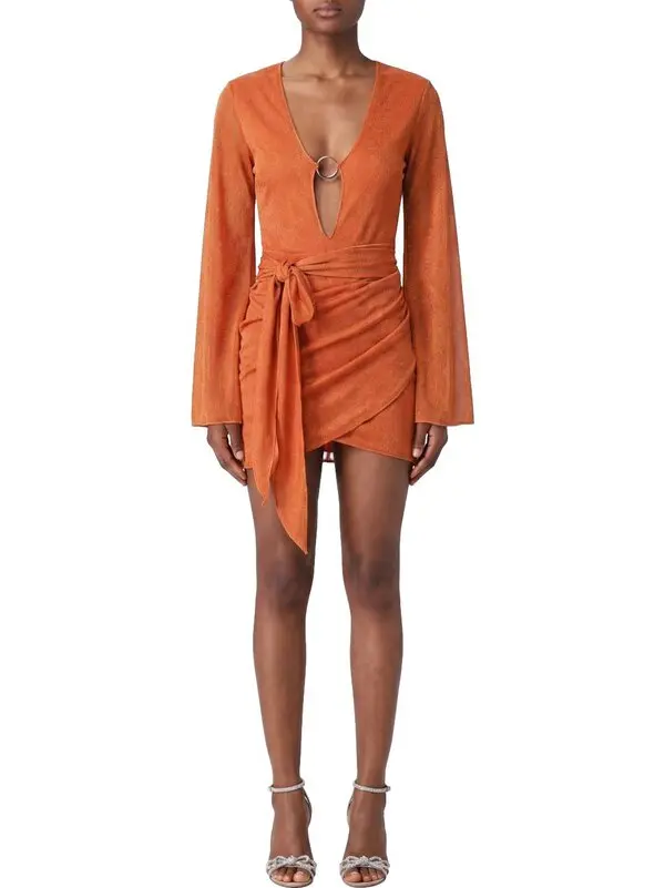 Oseree Lumiere Asymmetrical V-neck Wrap Mini Dress In Lurex Jersey - Orange
