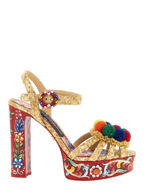 Dolce & Gabbana Keira Sicilian Cart Print Raffia Platform Sandals - Multicolor