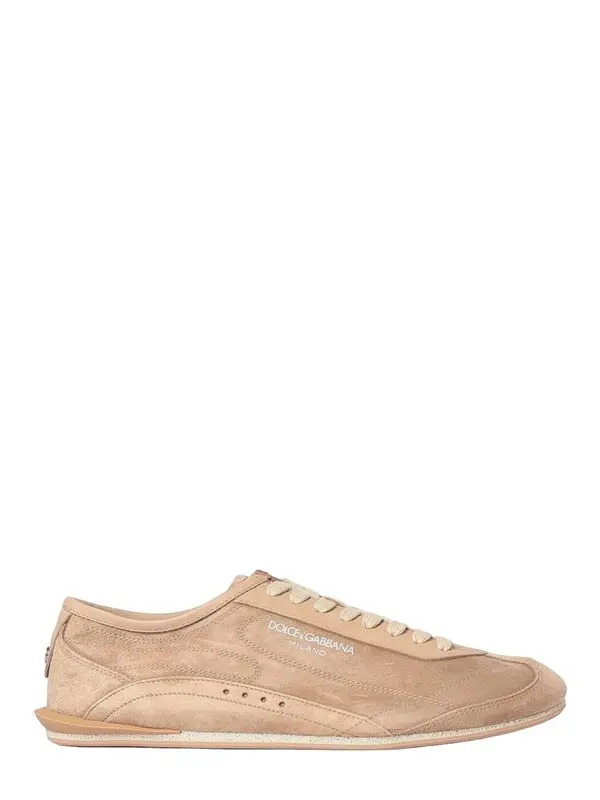 Dolce & Gabbana Lipari Suede Calfskin Sneakers With Printed Logo - Beige