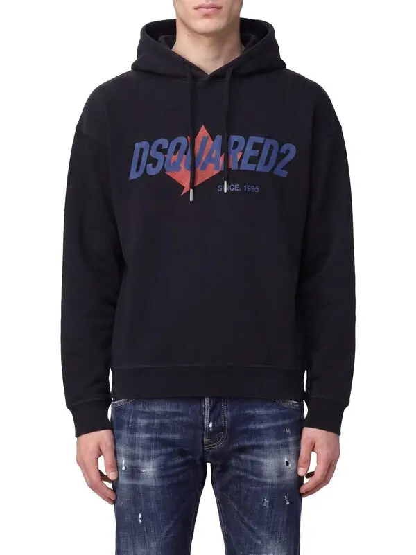 Dsquared2 Cotton Hoodie With Printed Logo And Dropped Shoulders - Black