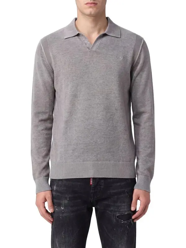 DIESEL® Long-sleeved V-neck Knit Polo Shirt In Cotton With Oval D Logo - Beige