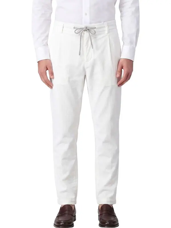 Eleventy Slim Fit Corduroy Trousers With Drawstring Waist And Pleats - White