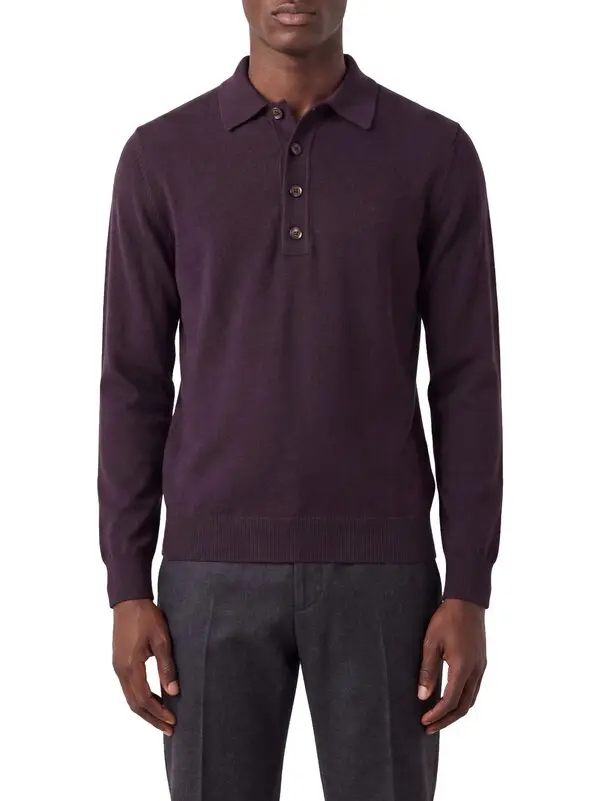 Eleventy Long-sleeved Knit Polo Shirt In Cashmere And Cotton Blend - Brown